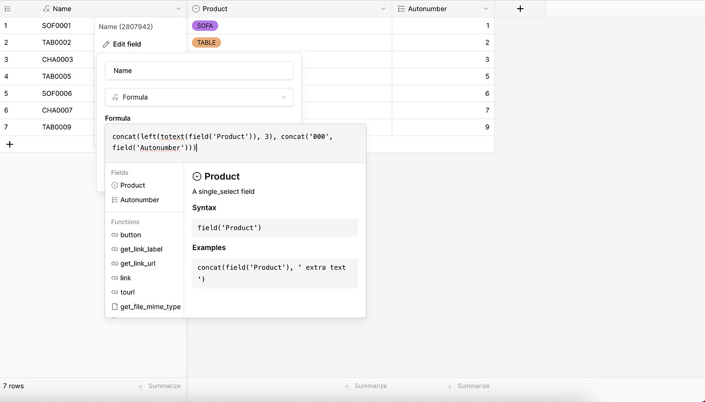 Product id, name id, row id formula functions - Technical Help - Baserow
