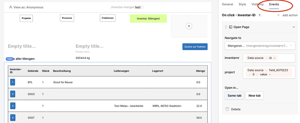 Bug: Button to "open Page" within table isn't connected to the rows data source - Application ...