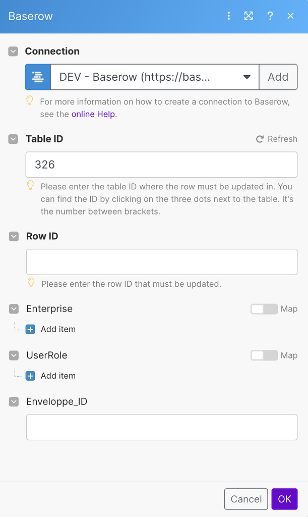 Issue on Make module (update a row) - Integrations - Baserow